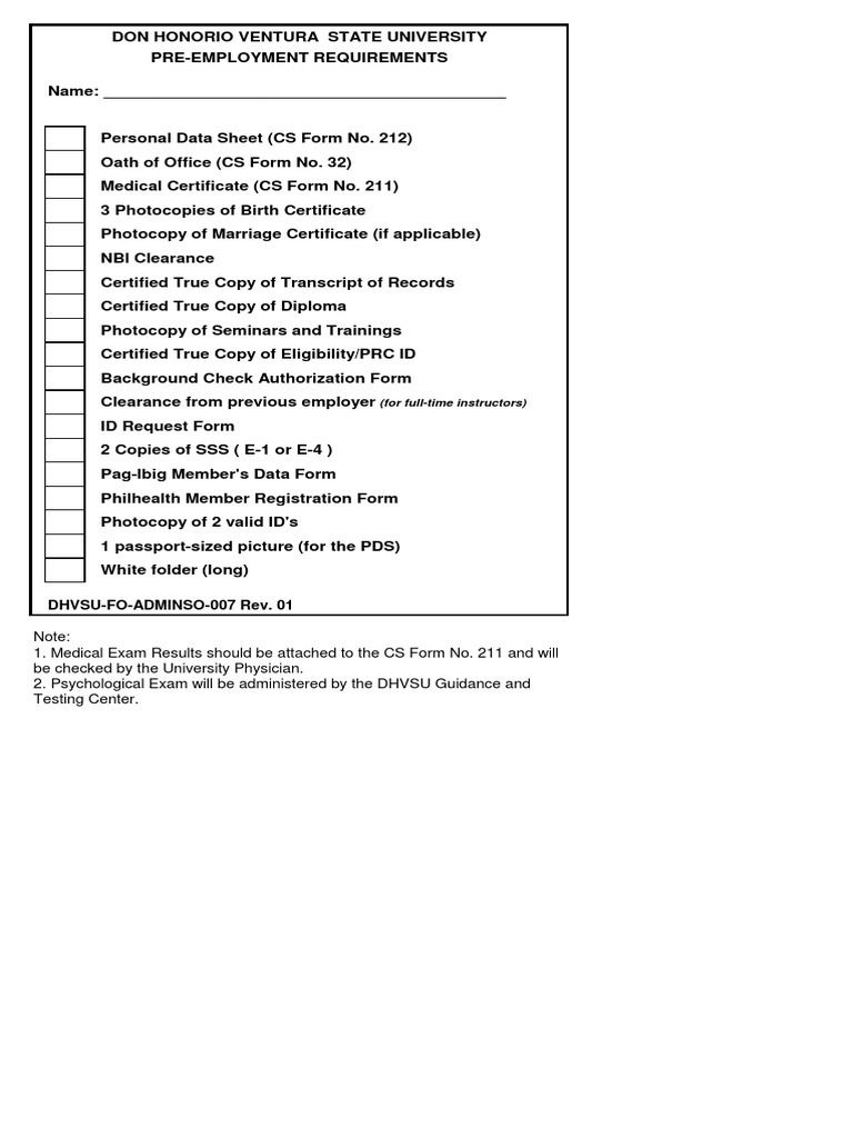Pre-Employment Requirements Checklist | PDF