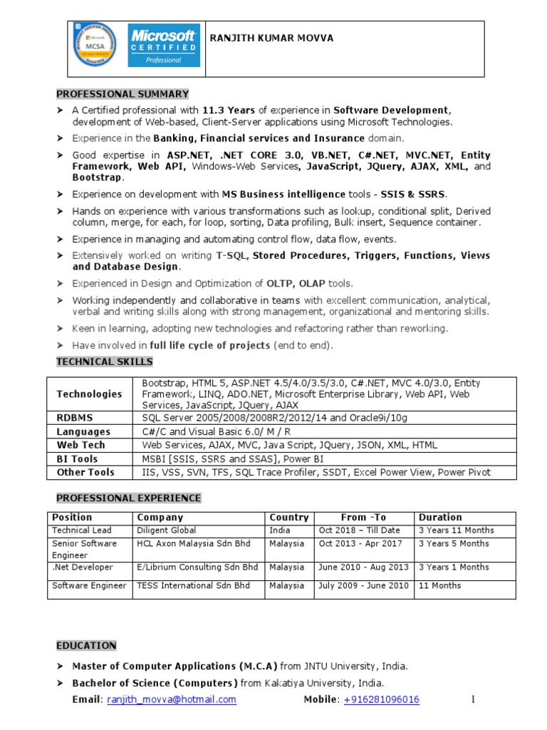 Expert .NET Developer with 11+ Years Experience | PDF | Microsoft Sql Server | World Wide Web