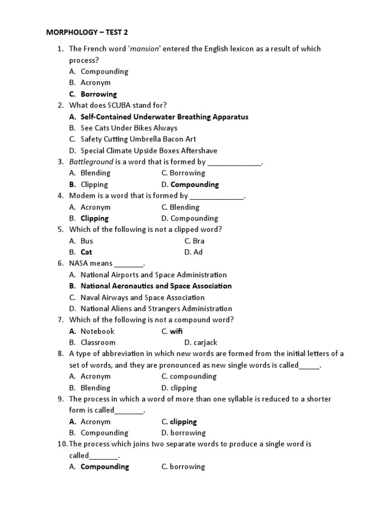 kEY To MORPHOLOGY MINI TEST 2 1 | PDF | Acronym | Word