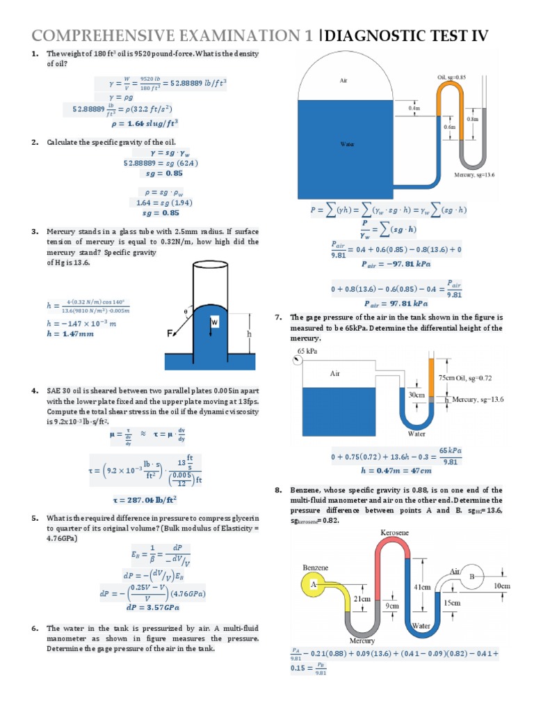 COMPREHENSIVE EXAM 1: DENSITY, PRESSURE, BUOYANCY CALCULATIONS | PDF | Pressure Measurement ...