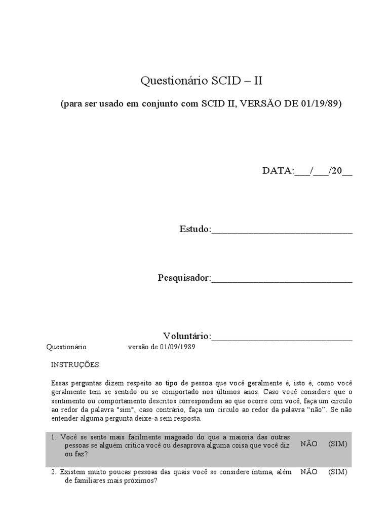 TESTE SCID II Resposta | PDF | Psicologia | Conceitos psicológicos