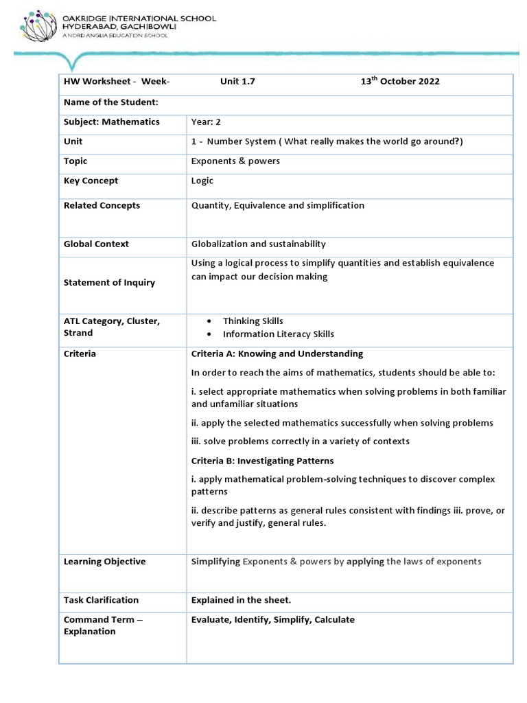 T - IB MYP Mathematics Gr.7 HW-1.7 | PDF
