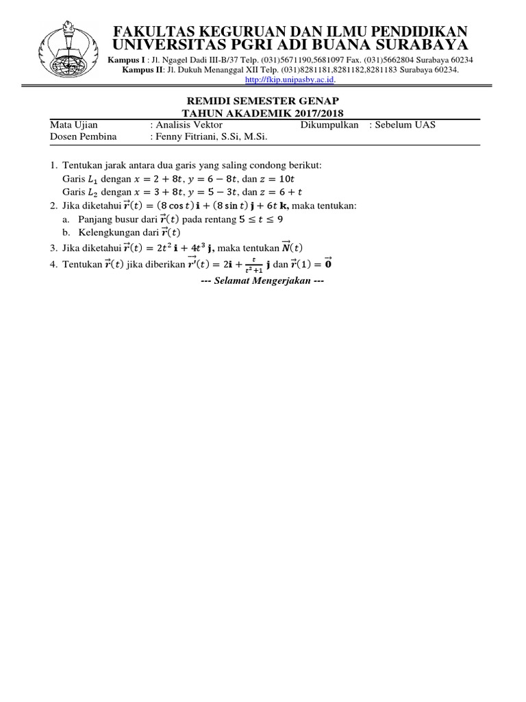 Remidi Analisis Vektor 2017/2018 | PDF | Metode & Bahan Ajar