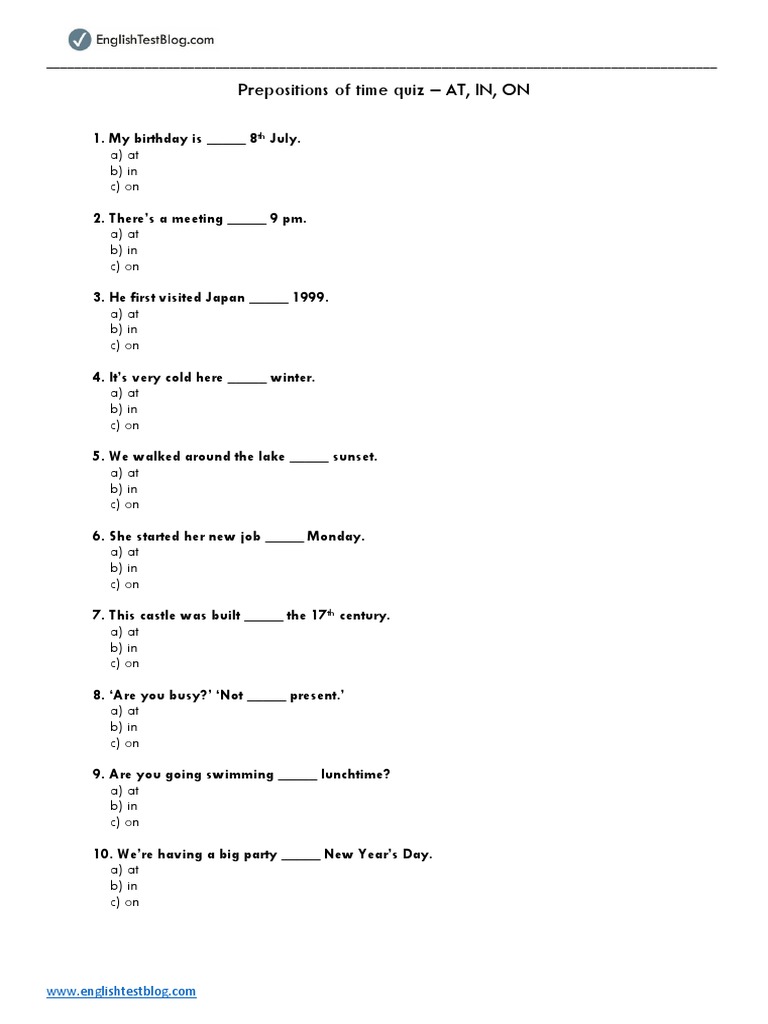 Prepositions of Time Quiz: AT, IN, ON | PDF | Language Arts & Discipline