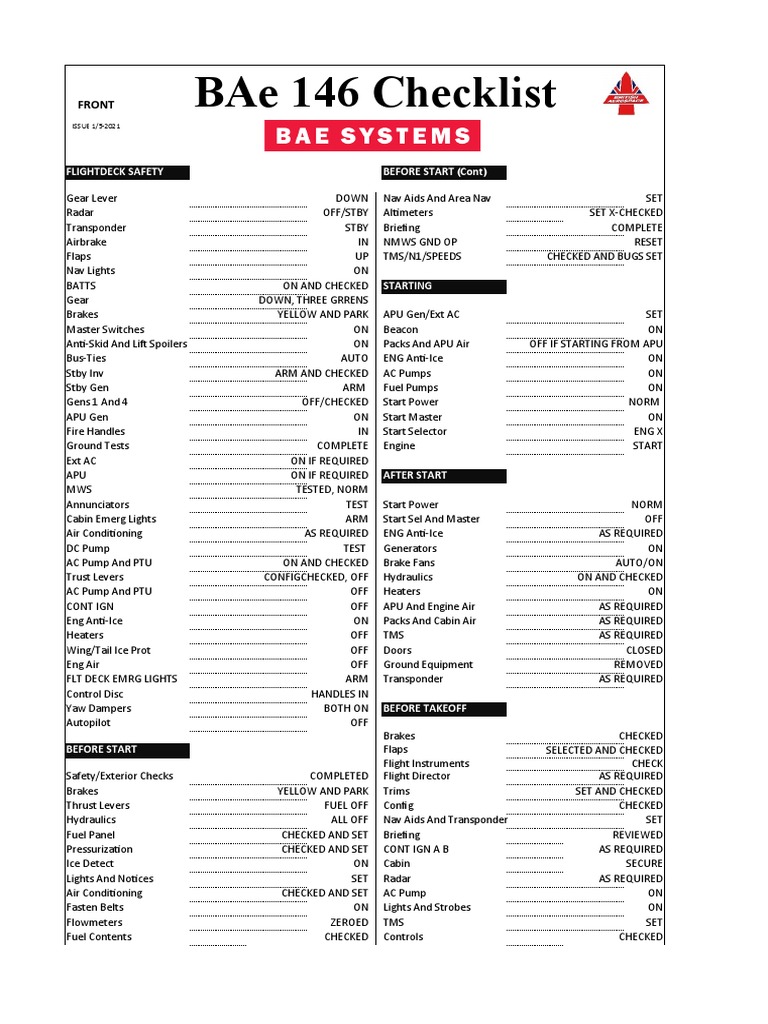 BAe 146 Checklist | PDF | Brake | Aviation