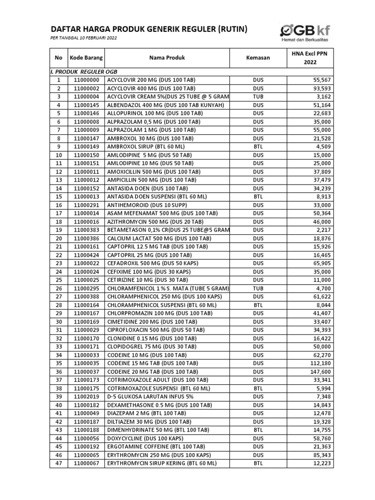 Daftar Harga Reguler Ogb Kimia Farma 2022 | PDF
