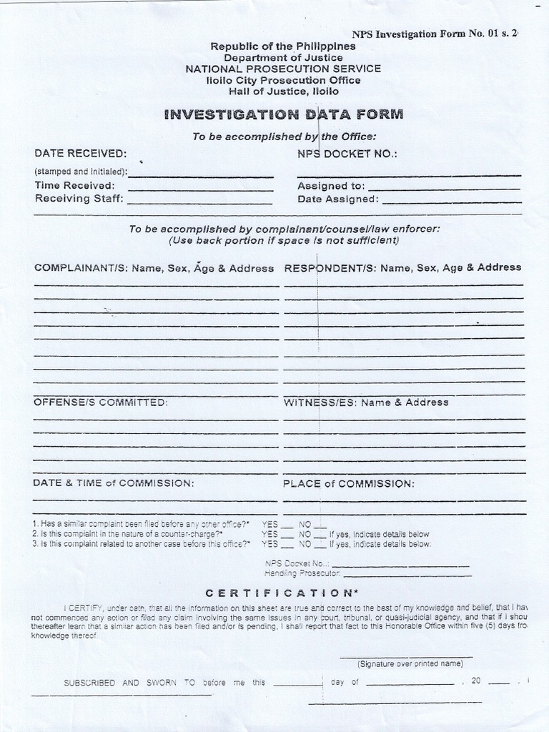 INVESTIGATION DATA FORM Iloilo City Prosec | PDF
