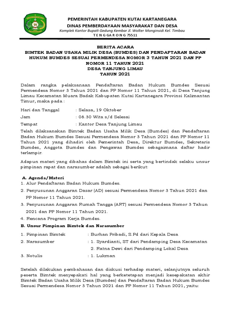 Ba Dan Notulen Bimtek Bumdes Kop Kab | PDF
