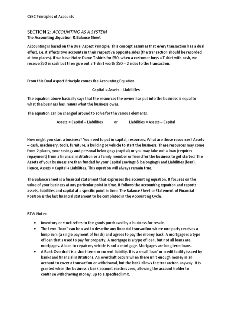 CSEC Principles of Accounts - The Accounting Equation & Balance Sheet | PDF