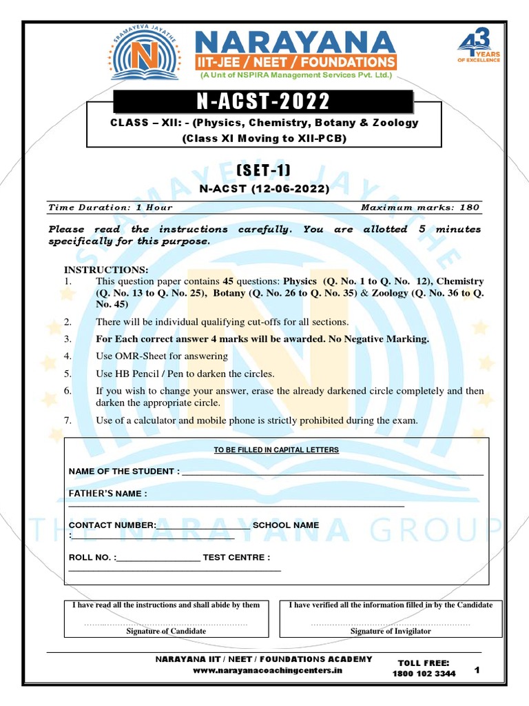 Class-xi-To Xii PCB Nacst-22 QP | Download Free PDF | Rotation Around A ...
