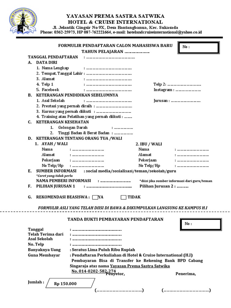 Formulir Pendaftaran Calon Mahasiswa Baru 2020 Pdf