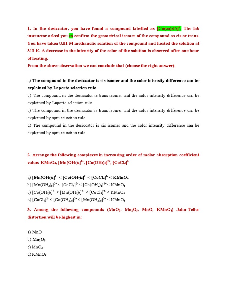 CY101-Inorganic Quiz-Questions-Final | PDF | Coordination Complex | Titration