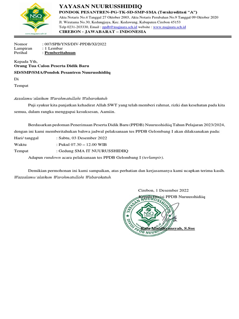 Surat Pemberitahuan Tes PPDB Gel I | PDF