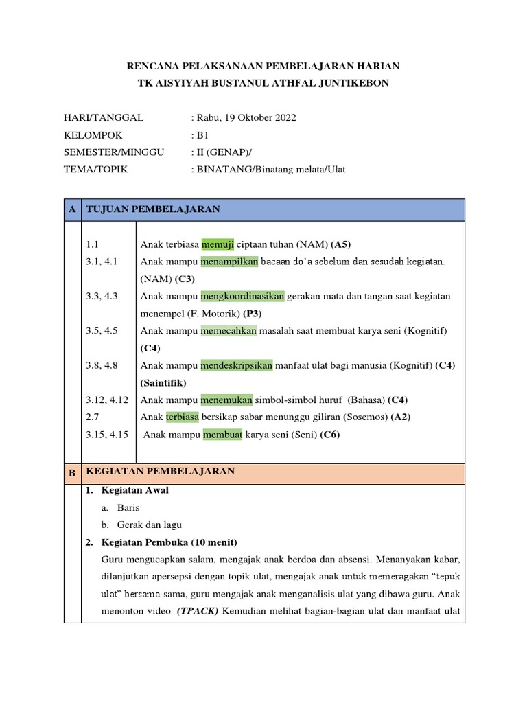 RPPH TK B Tema Kendaraan Darat/Kereta | PDF