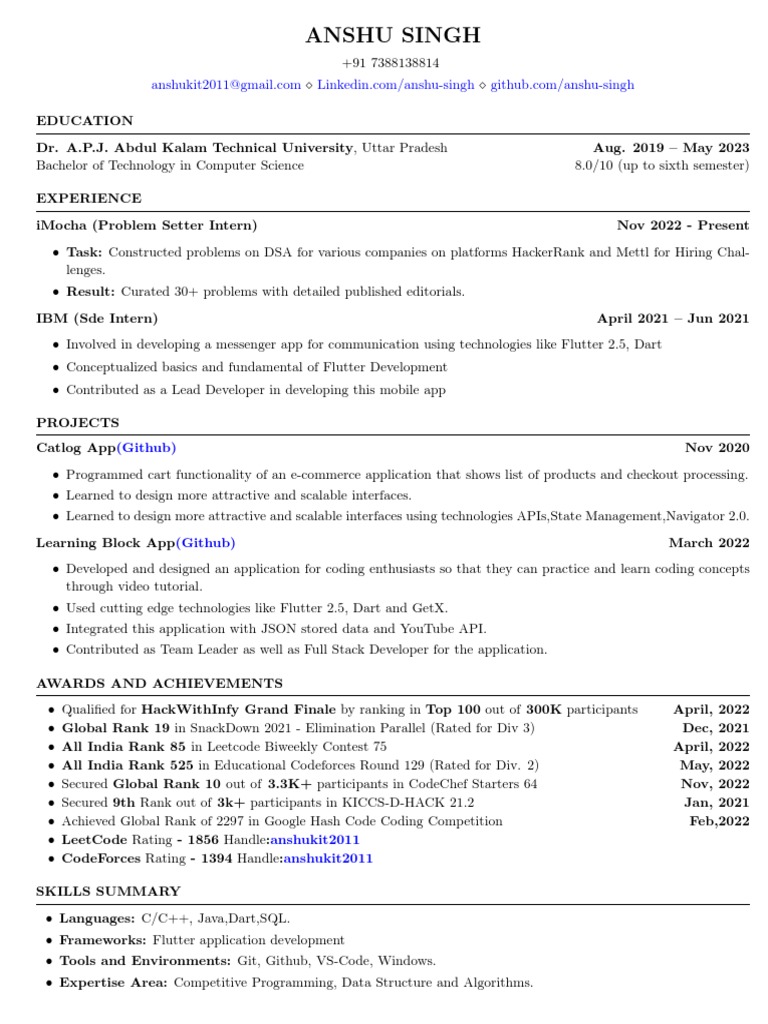 Resume - Anshu Singh | PDF | Computer Programming | Mobile App Resume - Anshu Singh | PDF | Computer Programming | Mobile App