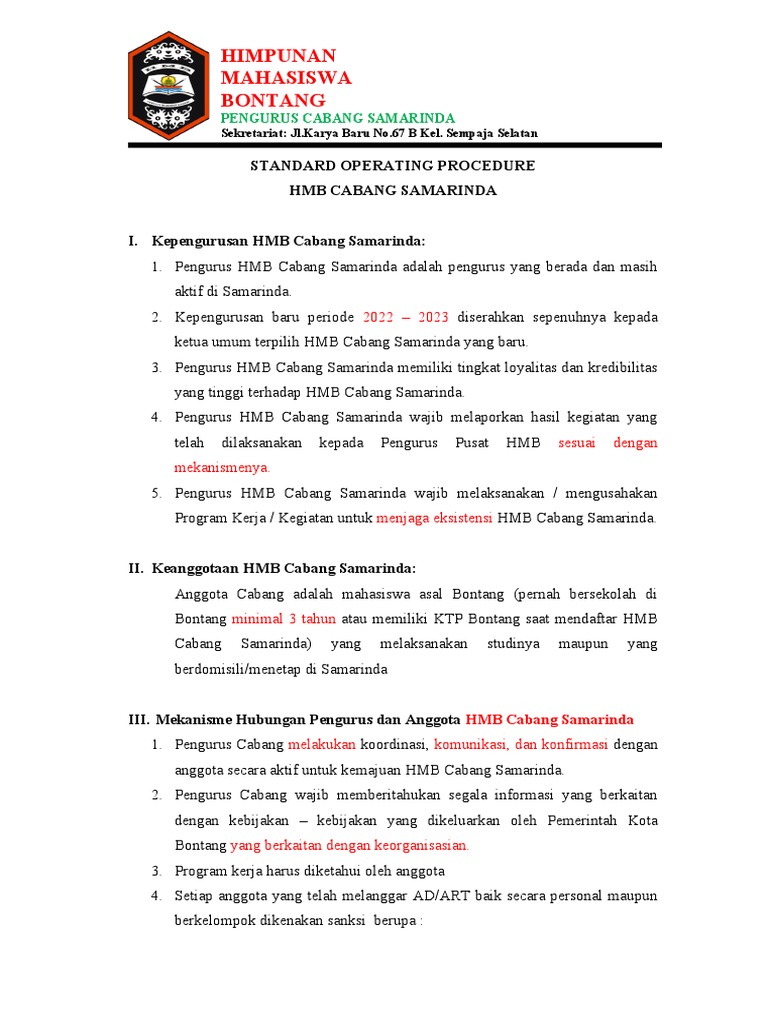 Standard Operating Procedure HMB Cabang Samarinda | PDF