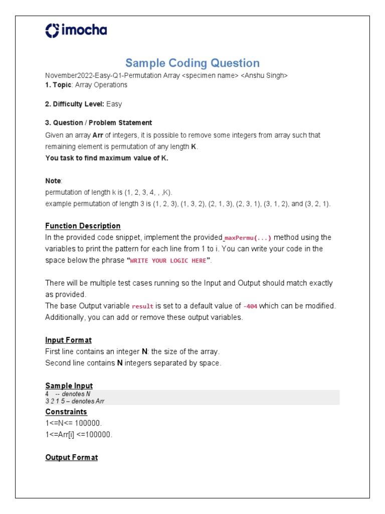 Imocha - Question 1 Replacement | PDF | Array Data Structure | Permutation