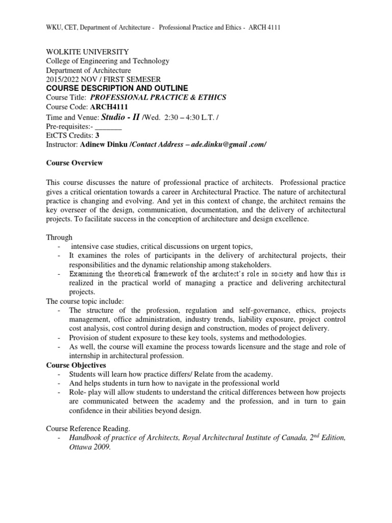 Proffessional Practice Course Outline APRE 2022 2015 4th Yr 1st | PDF ...