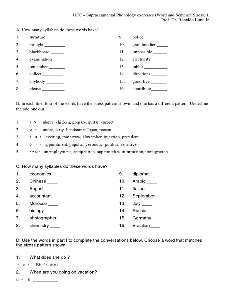 Exercise 2 (Word and Sentence Stress) | PDF | Stress (Linguistics ...