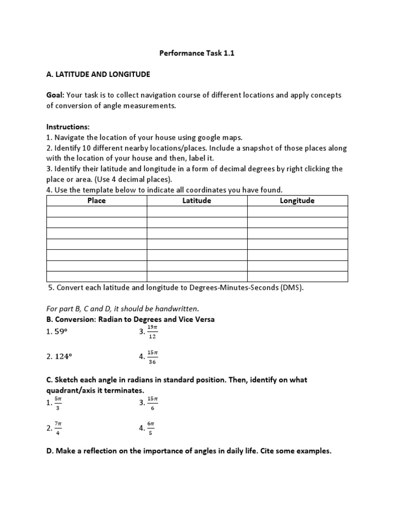 Performance Task 1.1 | PDF | Latitude | Longitude