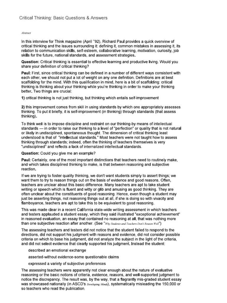 Critical Thinking - Basic Questions & Answers | PDF