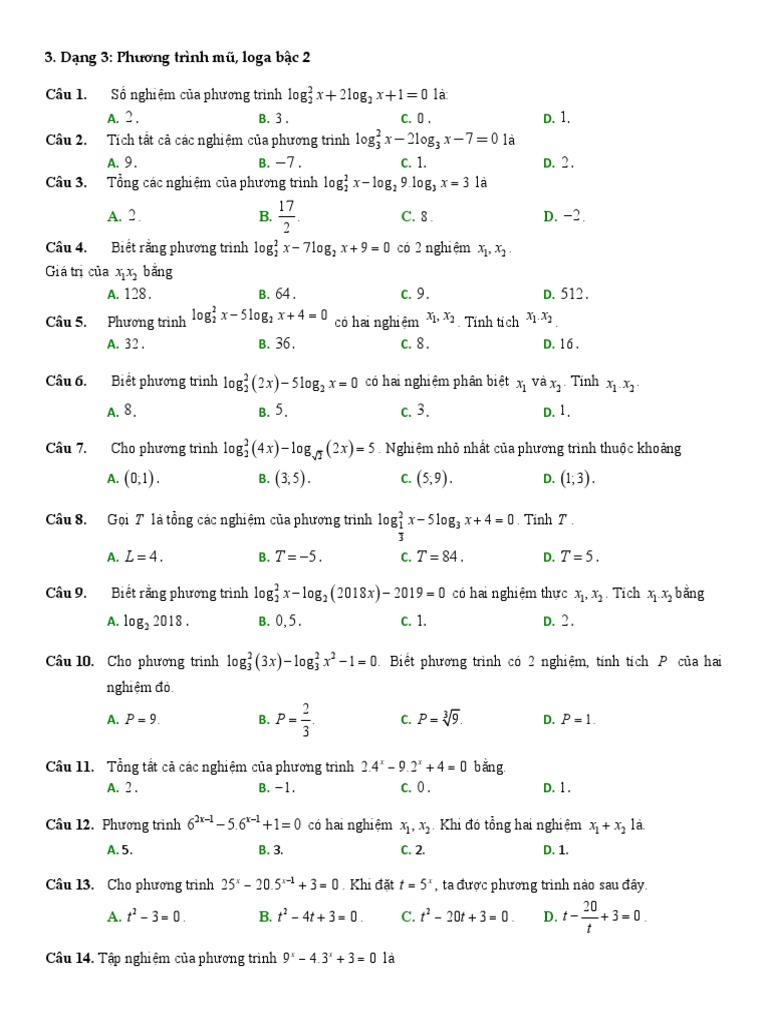 BT TOÁN 12C1 DẠNG PT BẬC 2 | PDF