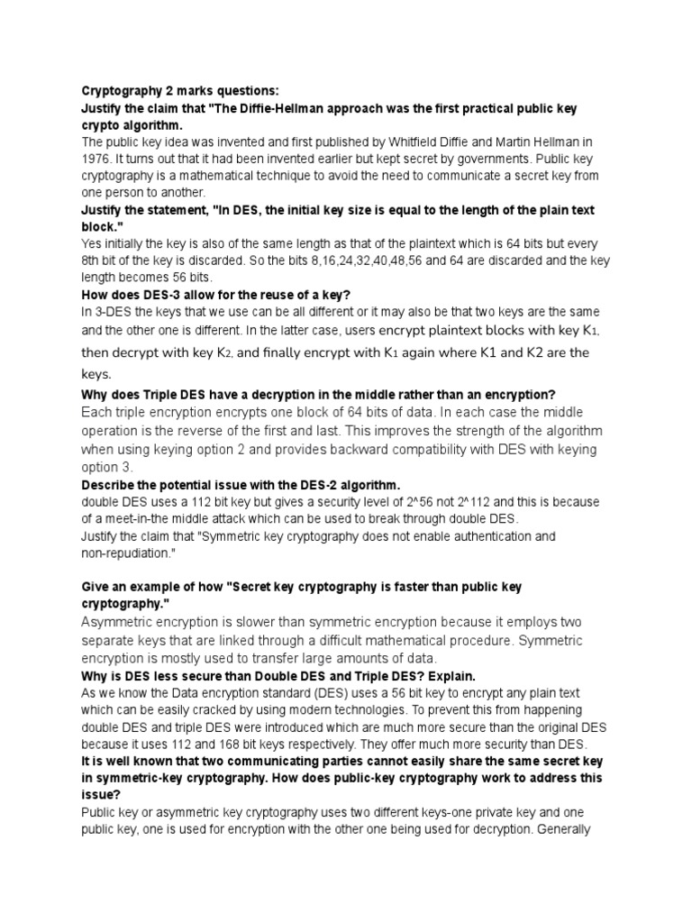 Cryptography Answers | PDF | Public Key Cryptography | Cryptography