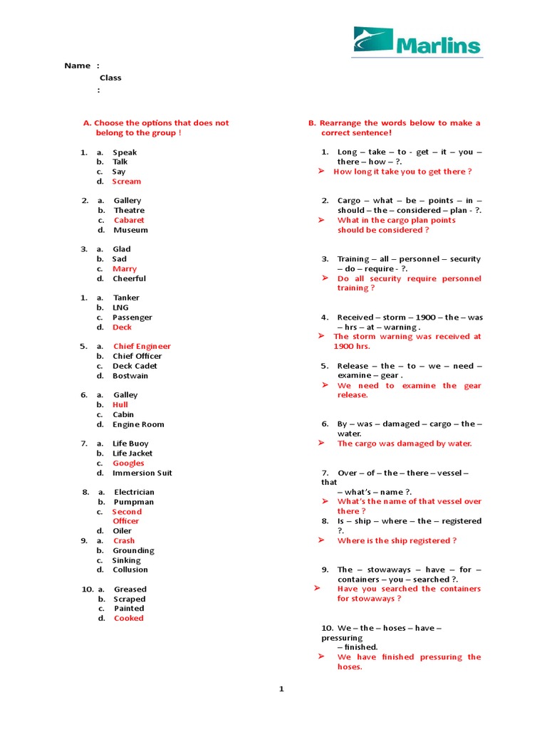 Marlins English Test Practice Questions | PDF | Ships | Maritime Incidents
