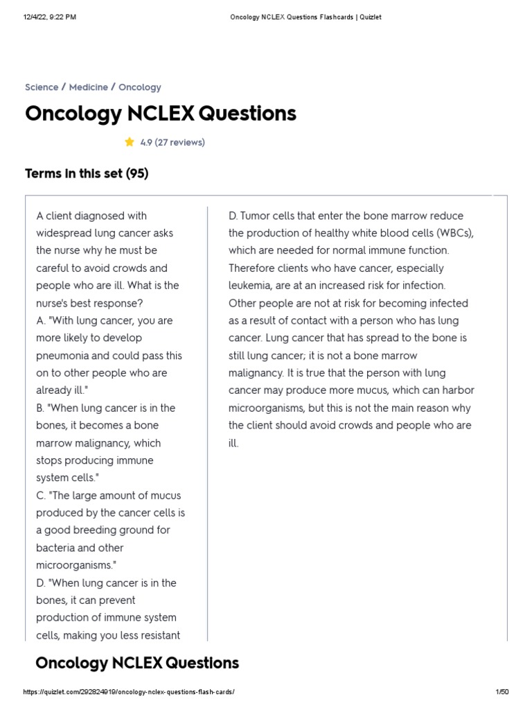 Oncology NCLEX Questions Flashcards - Quizlet | PDF | Cancer | Clinical ...