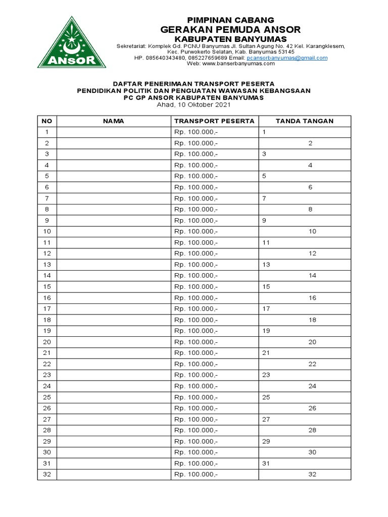 Daftar Penerimaan Transport Peserta | PDF
