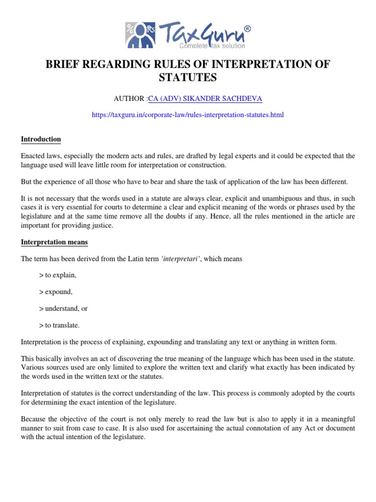 Brief Regarding Rules of Interpretation of Statutes - Taxguru - in ...
