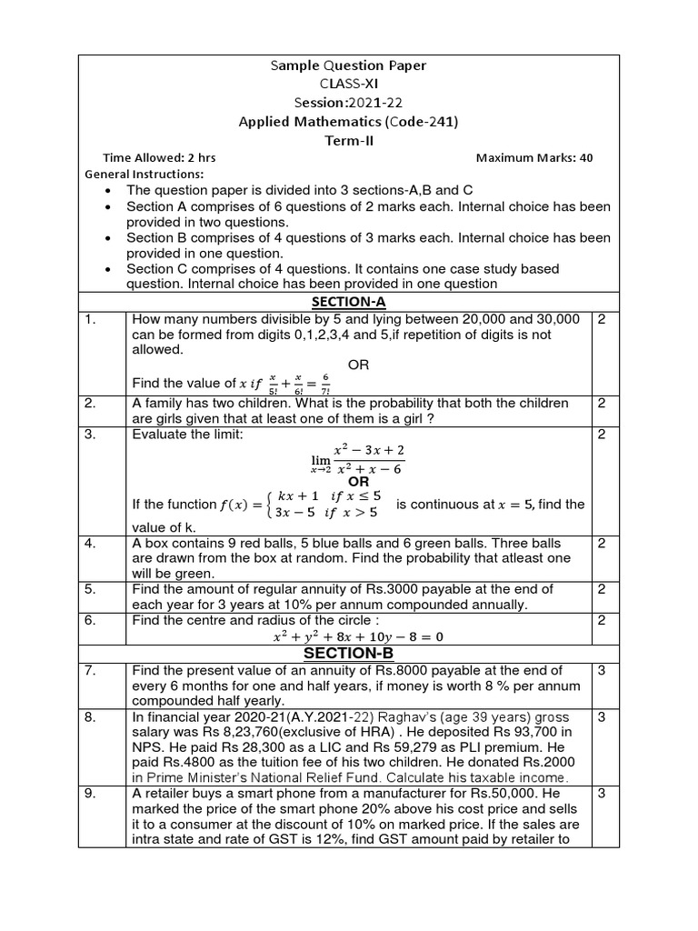 Class 11 Applied Mathematics Sample Paper | PDF | Value Added Tax ...