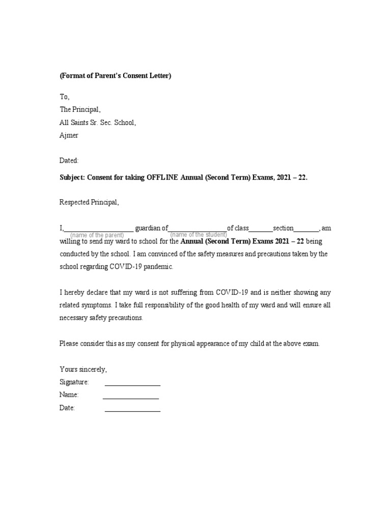 Parent consent letter for offline exams | PDF