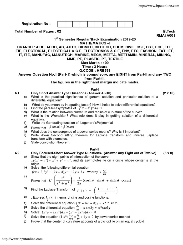 B.Tech 1st Semester Mathematics Exam 2020 | PDF | Equations ...