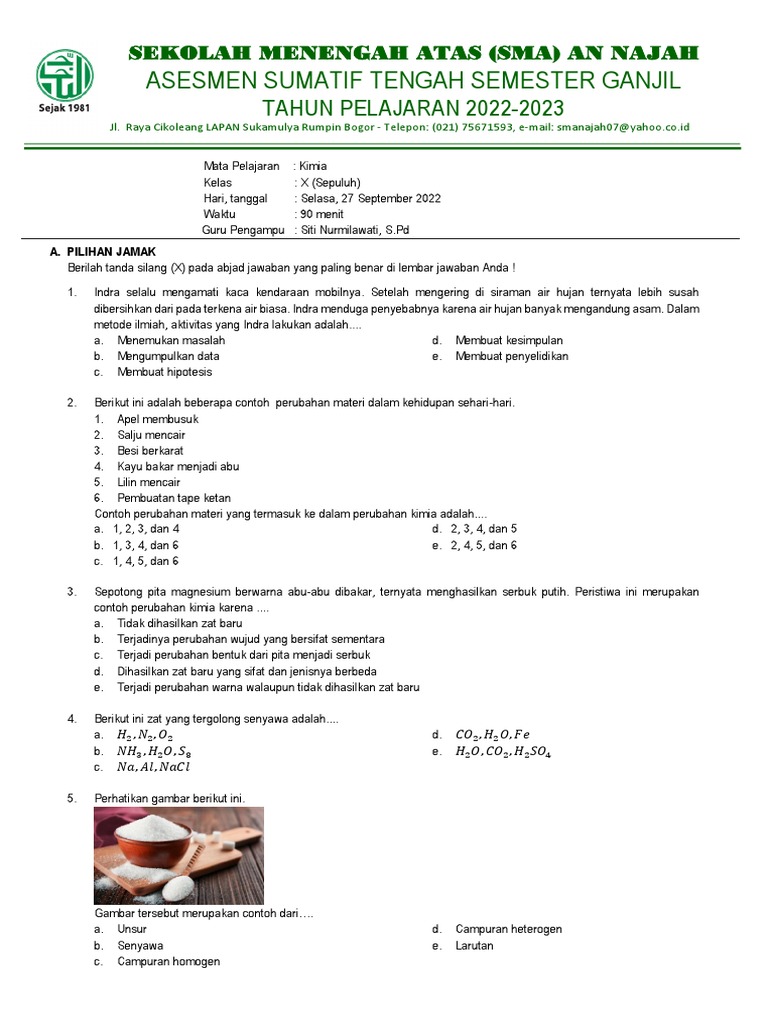 Soal PTS Ganjil 2223-Kelas X-Kimia | PDF | Metode & Bahan Ajar | Teknologi & Rekayasa