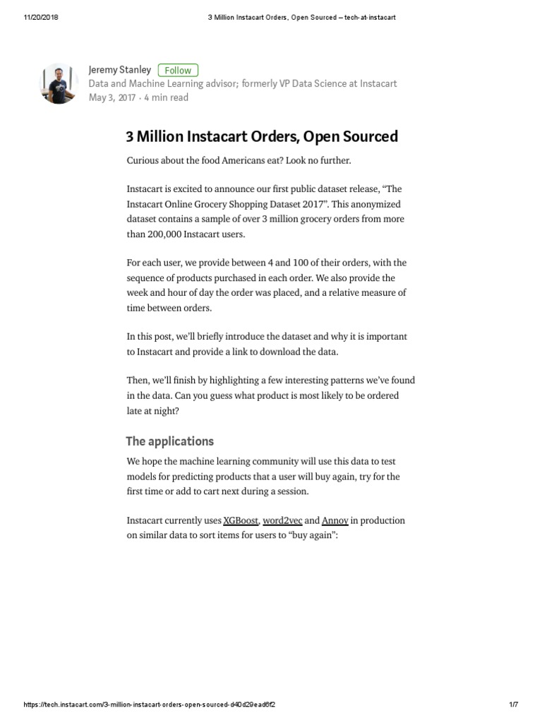 Instacart Dataset Article | PDF | Privacy | Machine Learning