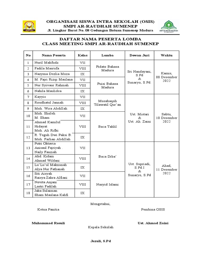 Daftar Nama Peserta Lomba Class Meeting & Dewan Juri | PDF
