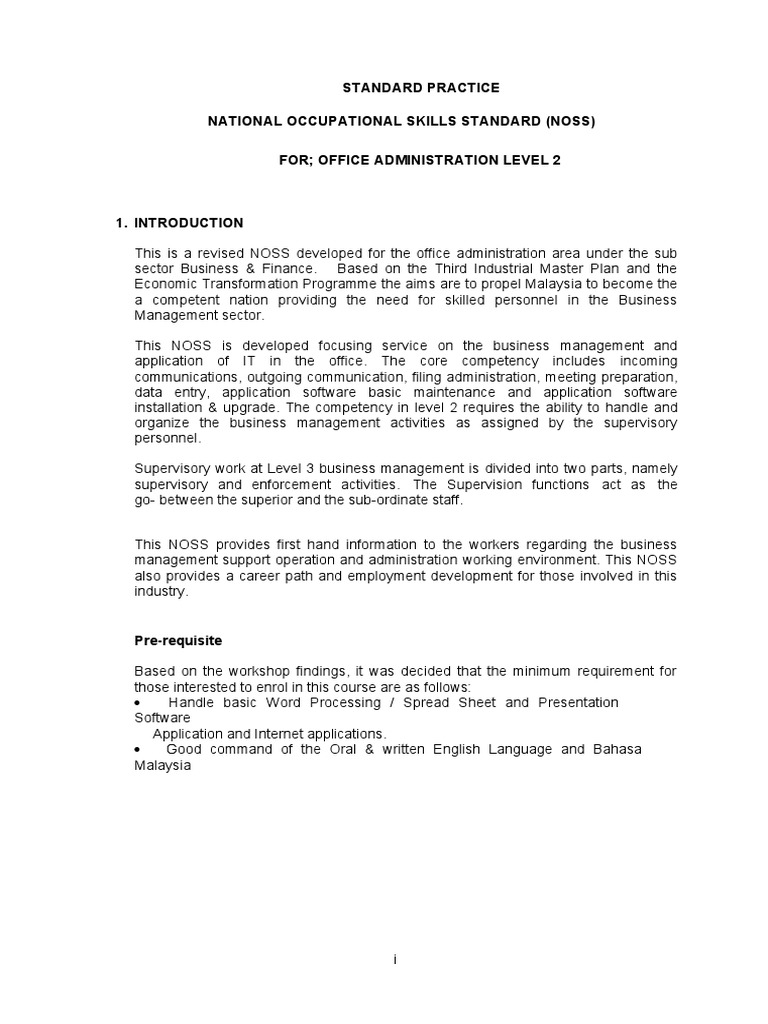 Standard Practice National Occupational Skills Standard (Noss) For ...
