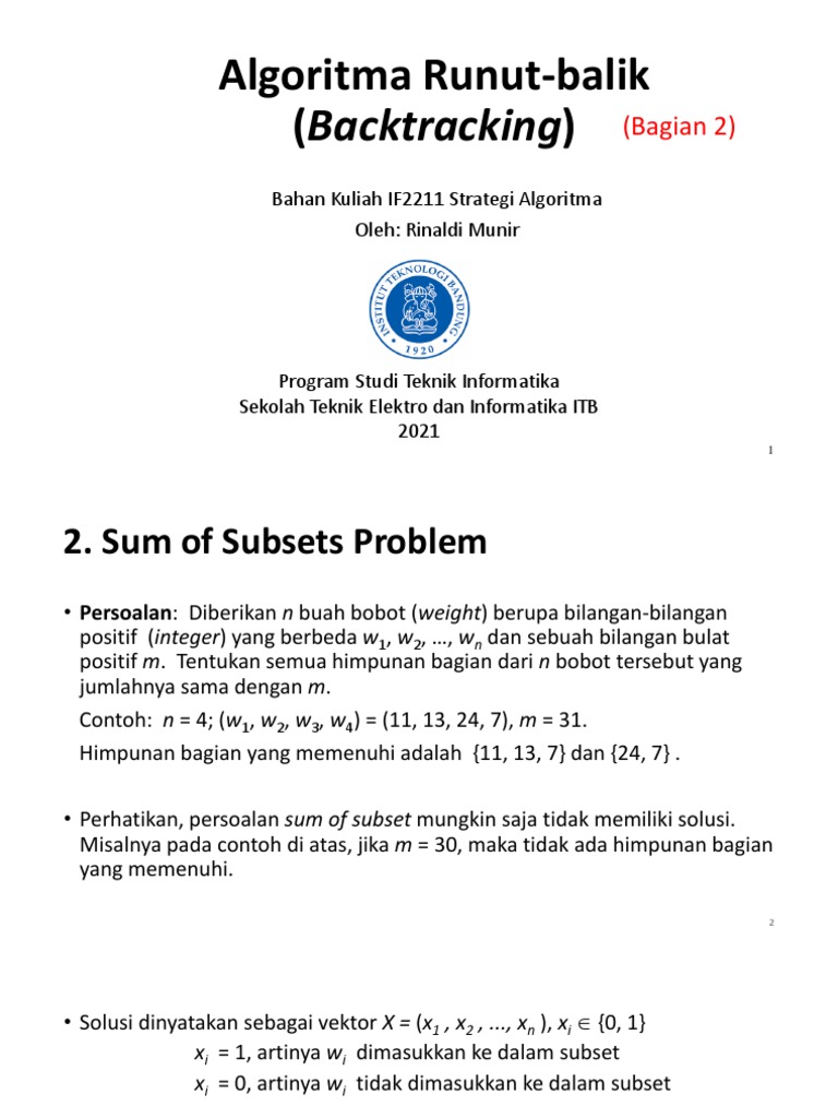 Algoritma Backtracking: Sum of Subsets | PDF