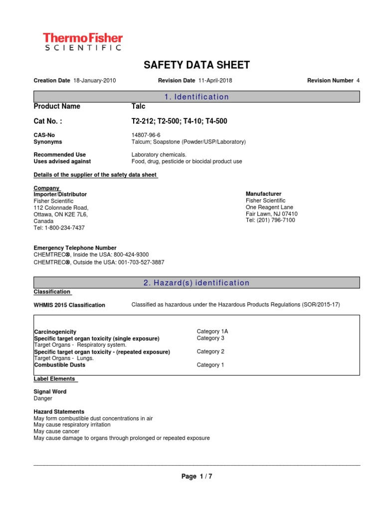 Talc MSDS | PDF | Occupational Safety And Health | Chemistry