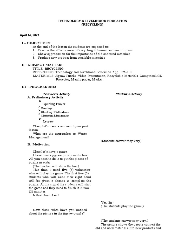 A Detailed Lesson Plan in Tle 2 | PDF | Recycling | Teachers