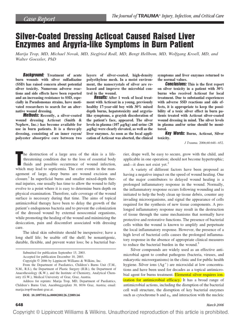 Silver-Coated Dressing Acticoat Caused Raised Liver | PDF | Burn | Wound