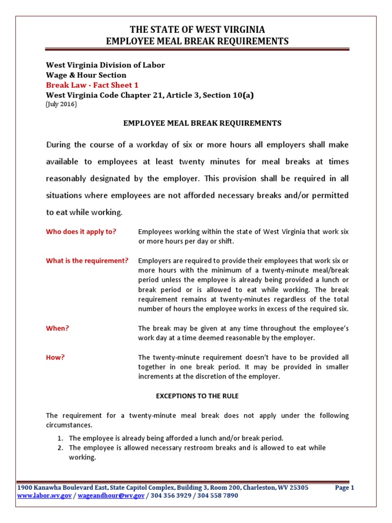 West Virginia Employee Meal Break Rules | PDF | Employment | Working Time