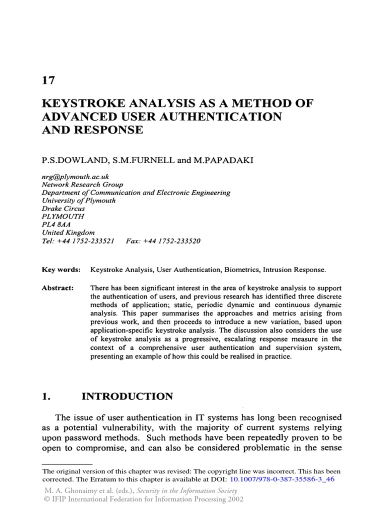 17 Keystroke Analysis As A Method of Advanced User Authentication and Response | PDF ...