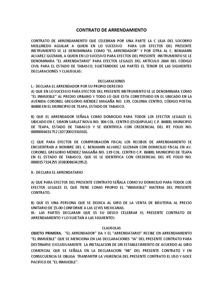 Contrato de Arrendamiento Benjamin Alvarez | PDF | Daños y perjuicios ...