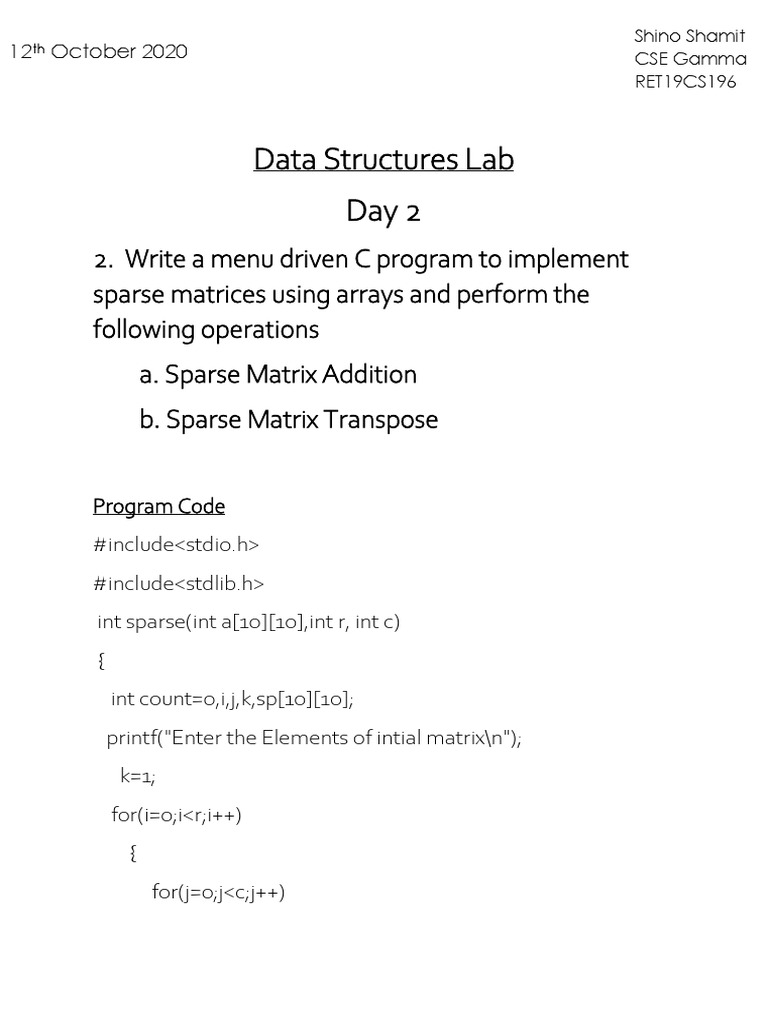 Sparse Code&Output | PDF | Matrix (Mathematics) | Matrix Theory
