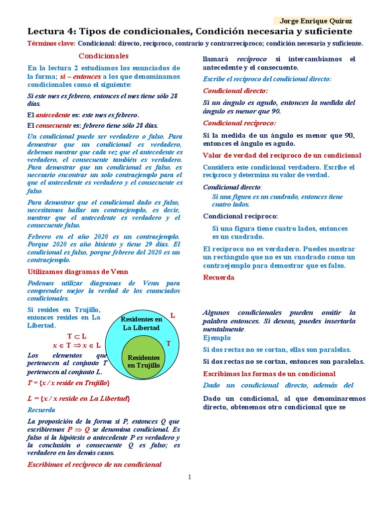 Lectura 4 - Tipos de Condicionales, Condición Necesaria y Suficiente ...