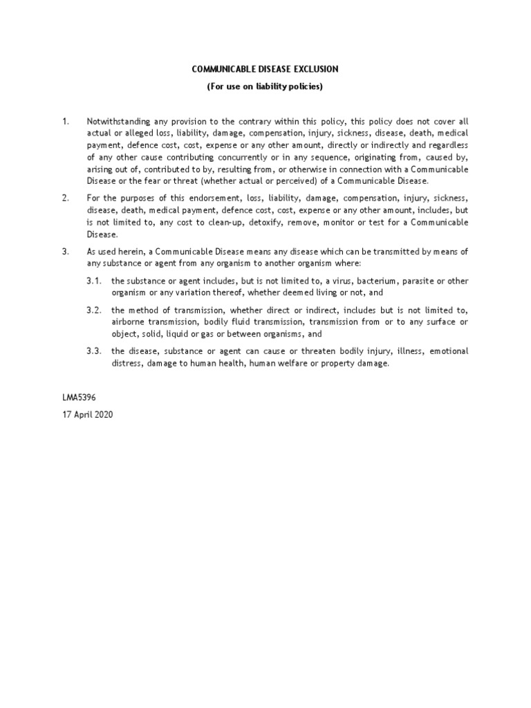 LMA5396 - Communicable Disease Exclusion - Liability | PDF