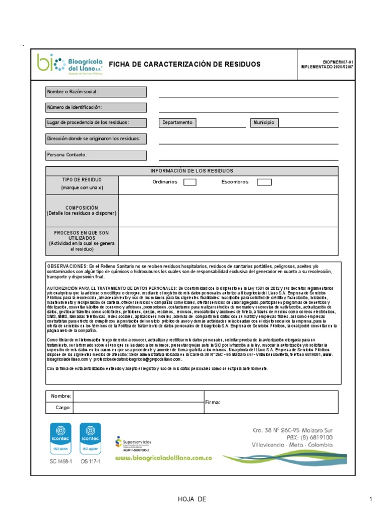 BIOFMER007-01 Ficha de caracterización de residuos - FICHA DE ... BIOFMER007-01 Ficha de caracterización de residuos - FICHA DE ...