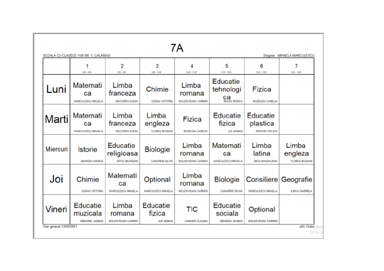 Orar Clasa 7a | PDF